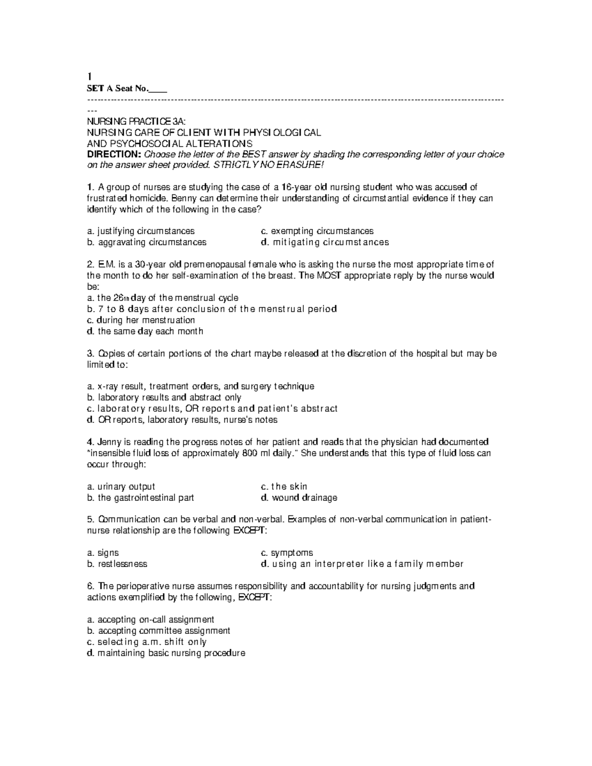 Nursing Practice 3A - Nursing Care of Client with Physiological and ...