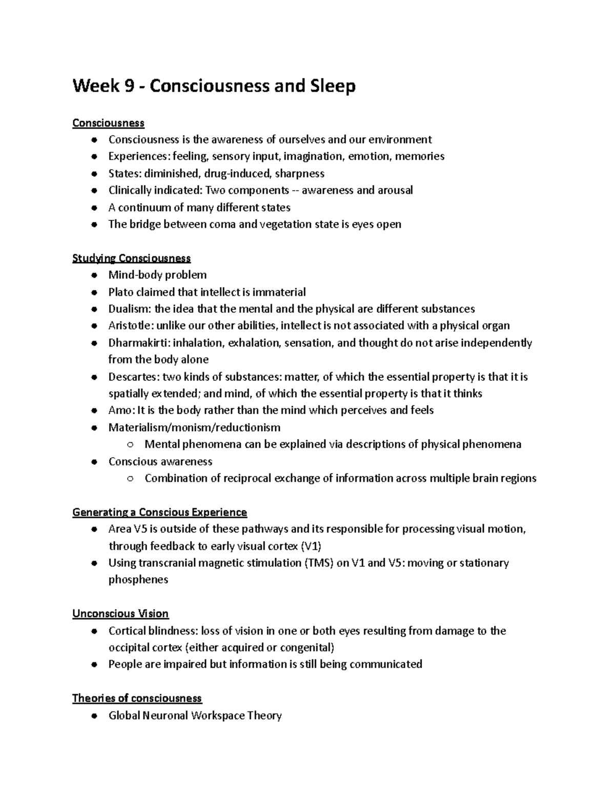 PSYC 100A Week 9 Notes - Week 9 - Consciousness and Sleep Consciousness ...