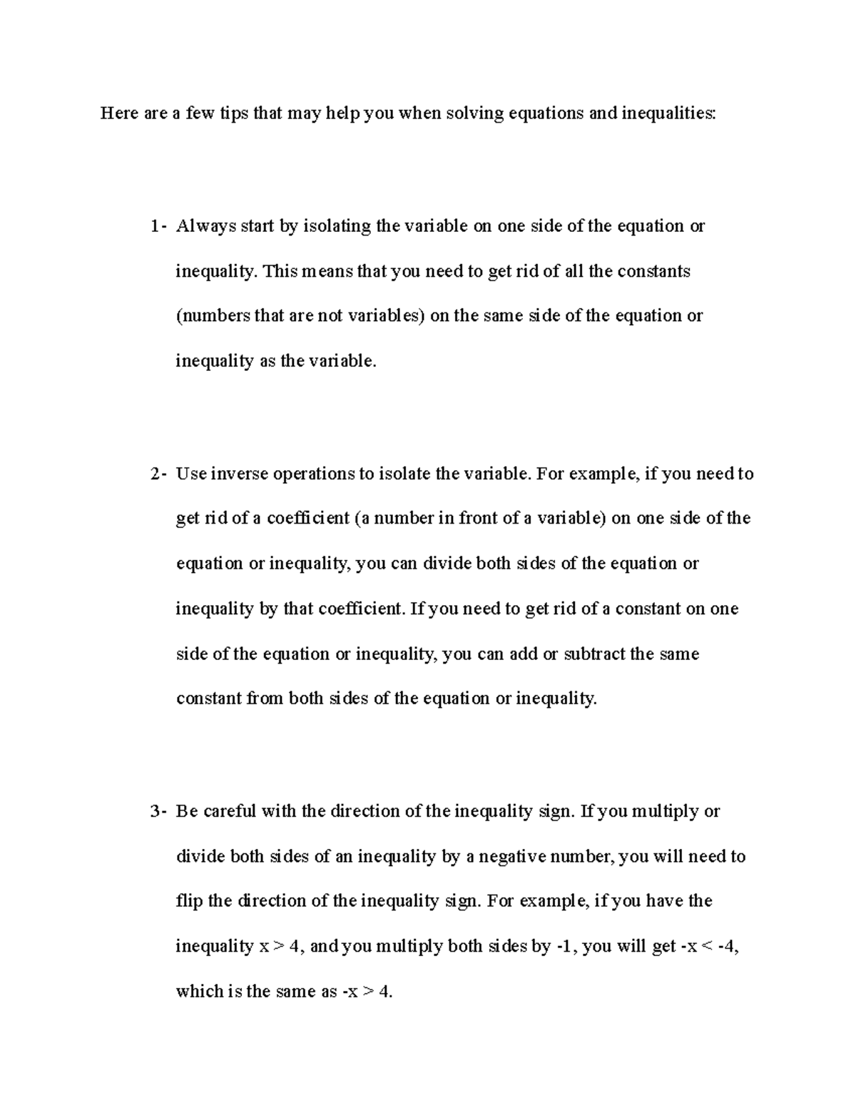 MATH 1021 Solving equations and inequalities 3 Tips - Here are a few ...