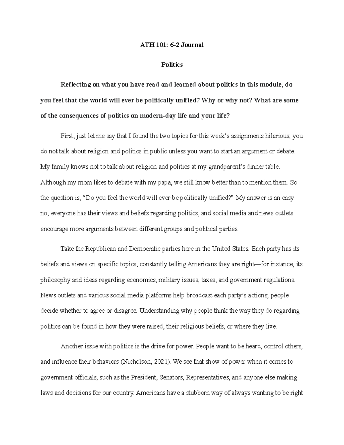 6-2 Journal - Politics - ATH 101: 6-2 Journal Politics Reflecting on ...