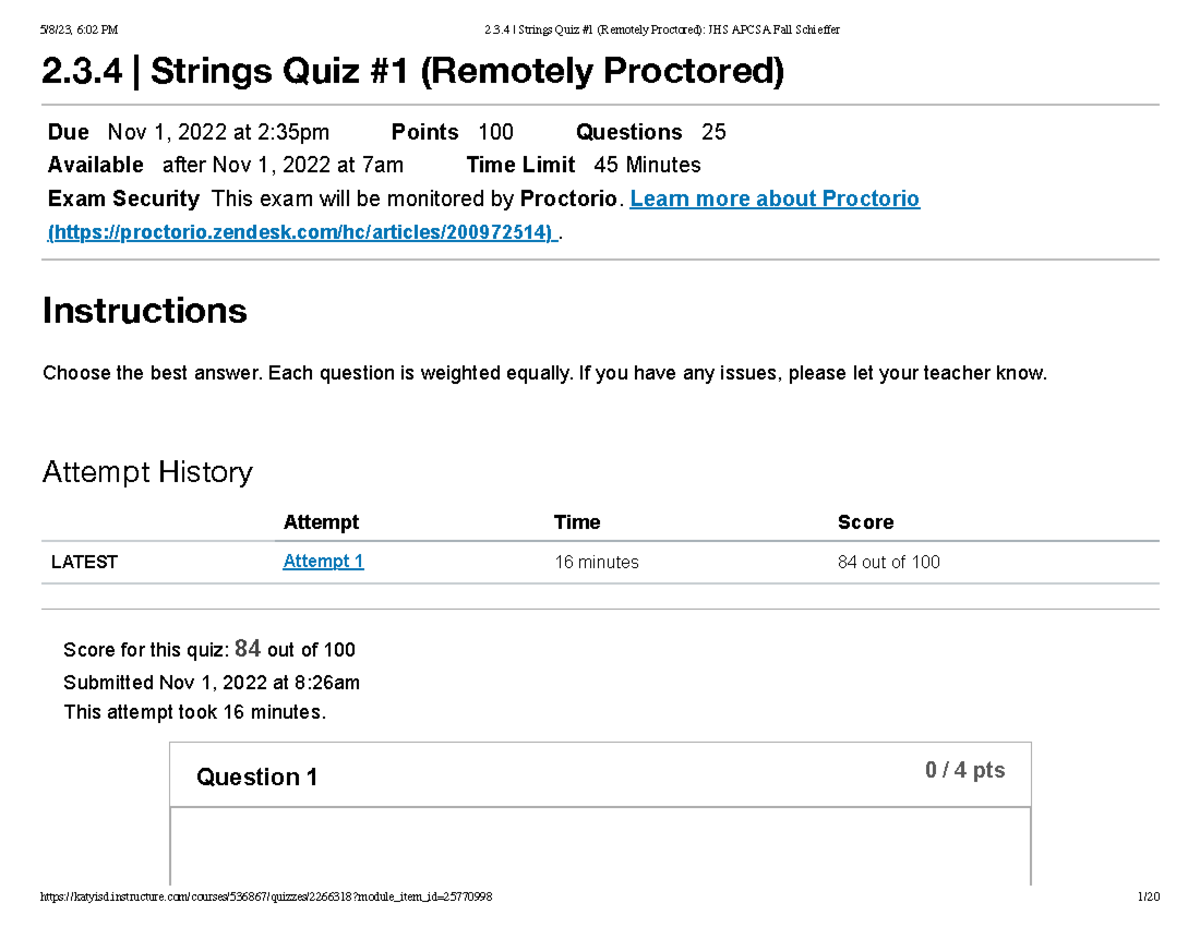 2.3.4 Strings Quiz #1 (Remotely Proctored) JHS Apcsa Fall Schieffer - 2.3 | Strings Quiz #1 ...