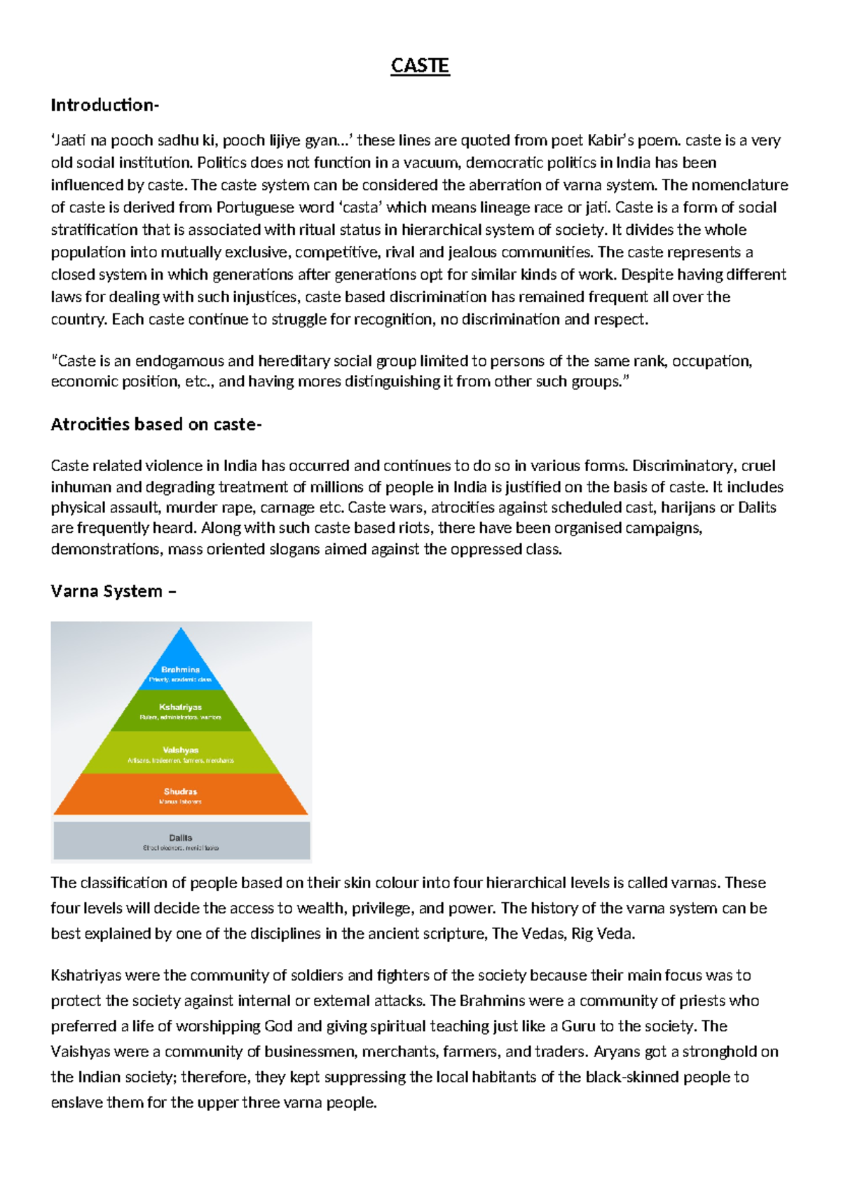 Caste - Summary B.A (Hons.) Political Science - CASTE Introduction ...