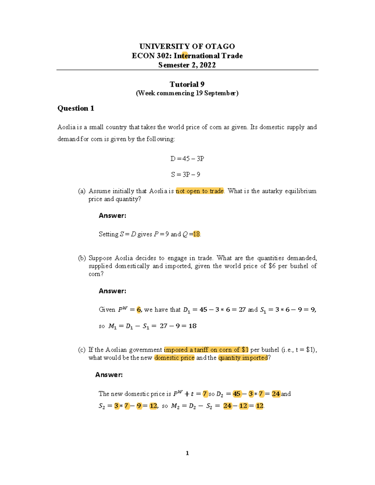 Tutorial 9 Solutions - UNIVERSITY OF OTAGO ECON 302: International Trade Semester 2, 2022 ...