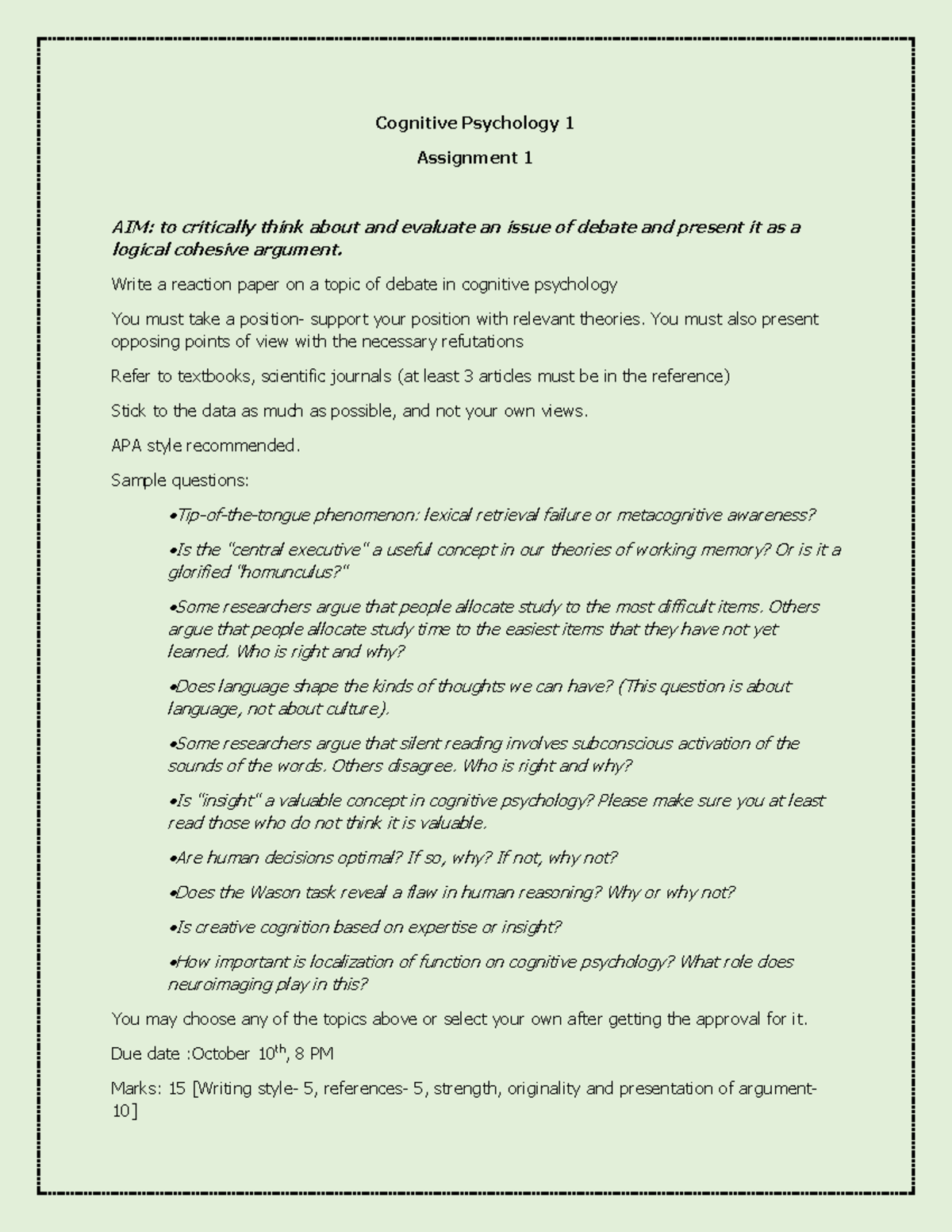 Cognitive Assignment- Reaction Paper - Cognitive Psychology 1 Assignment 1 AIM: to critically ...