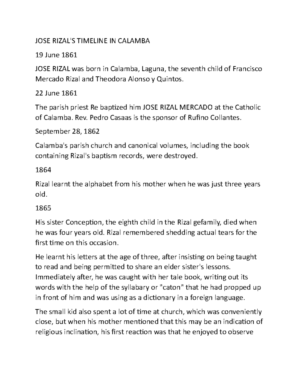 Life and works of rizal 1 - JOSE RIZAL'S TIMELINE IN CALAMBA 19 June ...