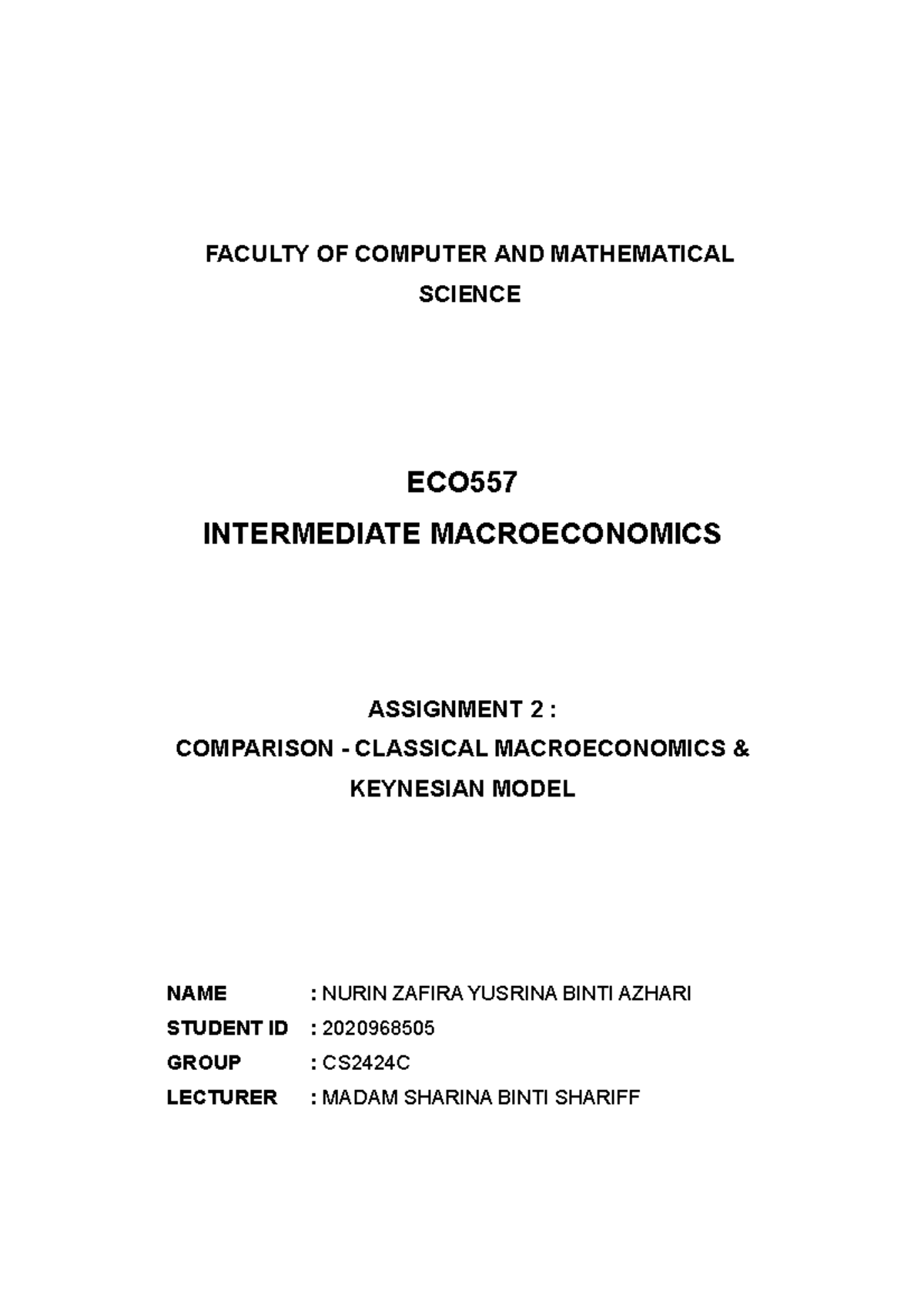 ECO557 - Assignment 2 - FACULTY OF COMPUTER AND MATHEMATICAL SCIENCE ...