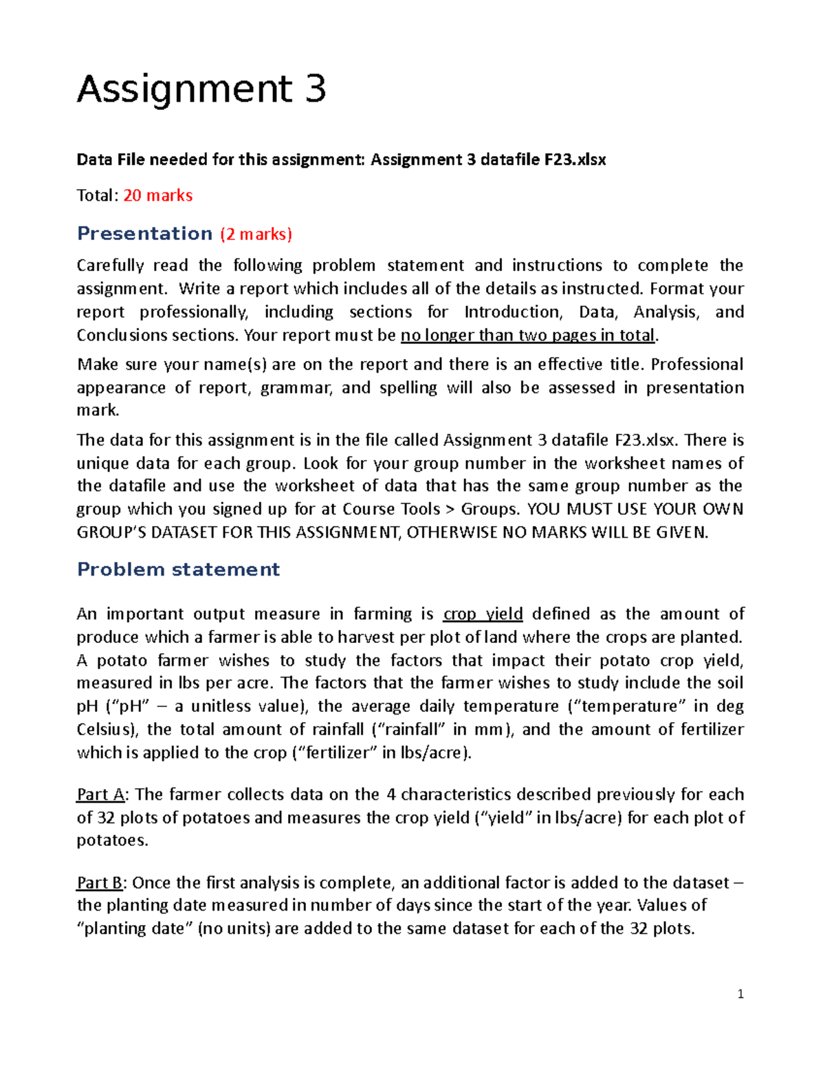 STAT8011 Assignment 3 instructions F23 - Assignment 3 Data File needed ...