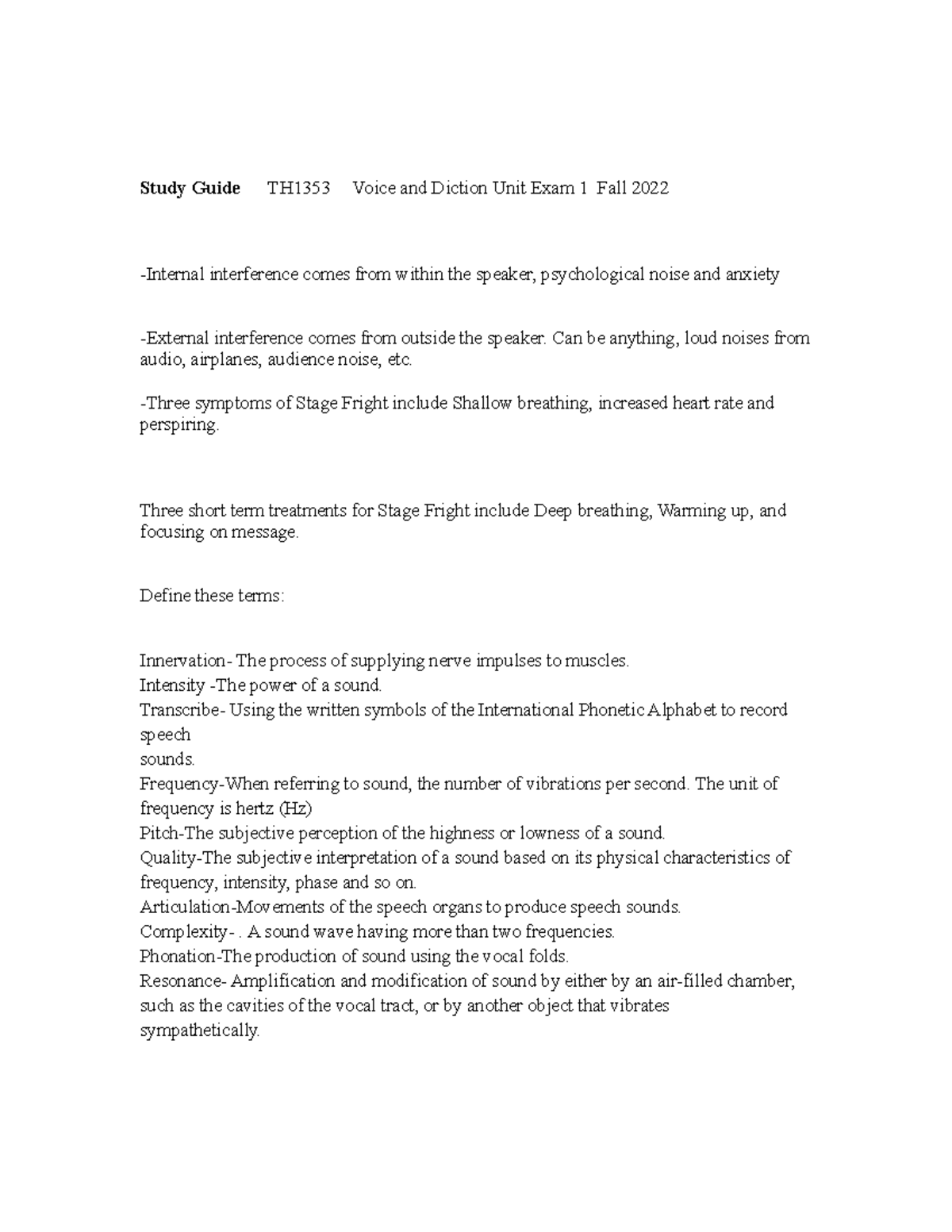 TH 1533 Study Guide Voice and Diction Test 1 - Study Guide TH1353 Voice ...