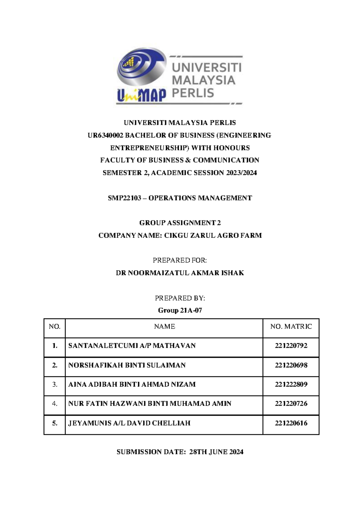 SMP22103 Operation Management Group 21A07 - UNIVERSITI MALAYSIA PERLIS ...