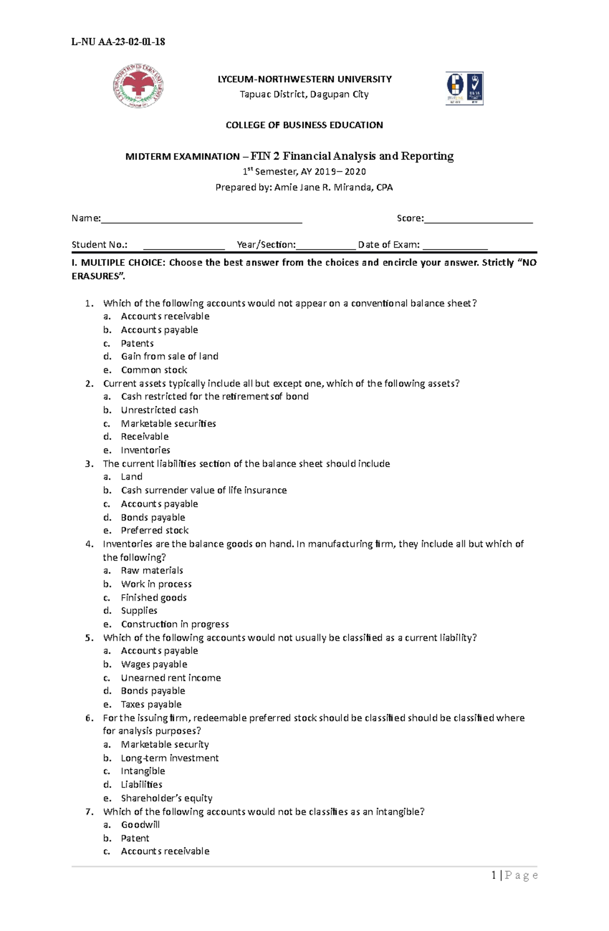 Midterm exam-financial analysis - L-NU AA-23-02-01- LYCEUM-NORTHWESTERN ...