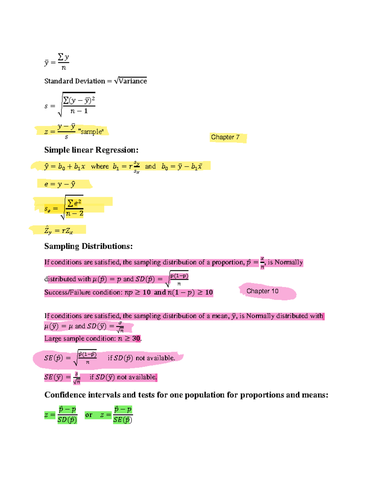 Formula sheet updated chaptes - 𝑦̅= ∑ 𝑦 𝑛 Standard Deviation = √ ...