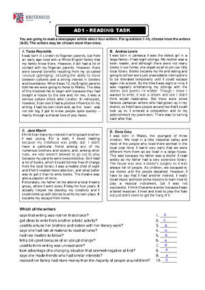 AD5 Reading Task OCT 2020 - You are going to read a short article. Five sentences have been ...