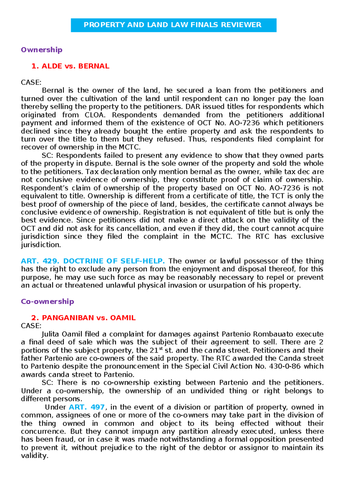 Property-finals-reviewer - PROPERTY AND LAND LAW FINALS REVIEWER Ownership 1. ALDE vs. BERNAL ...