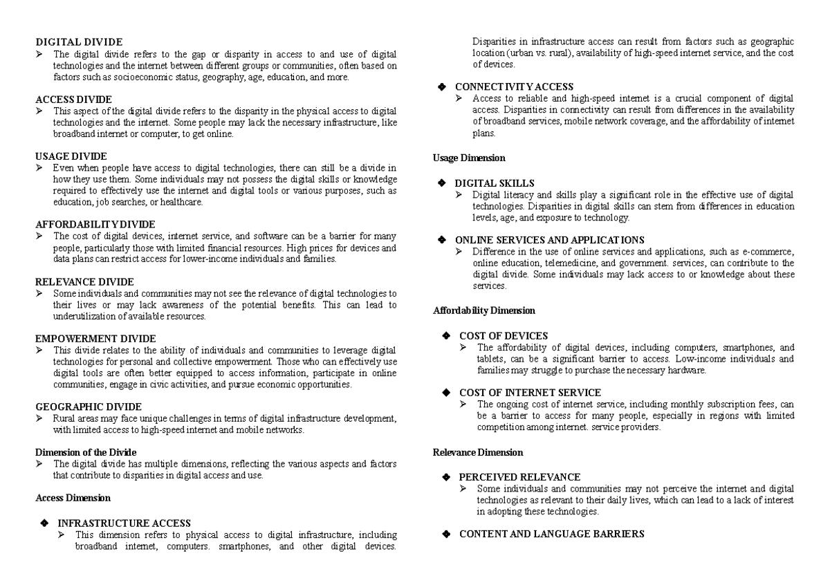 Digital Divide - DIGITAL DIVIDE The digital divide refers to the gap or ...