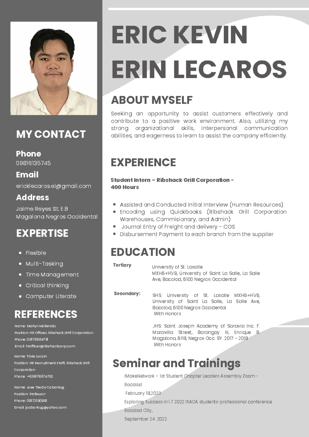 Eric Kevin E. Lecaros Resume - SHS: University of St. Lasalle MXH6+HV9 ...