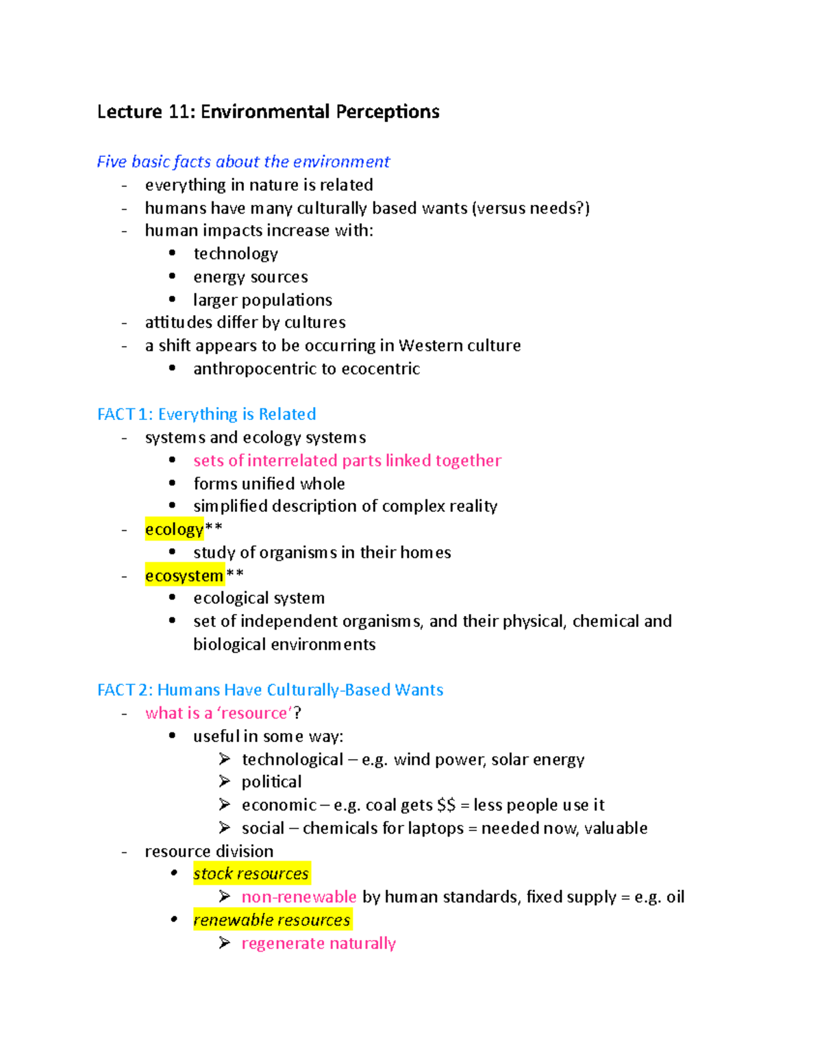 Lecture 11 - notes - Lecture 11: Environmental Perceptions Five basic ...