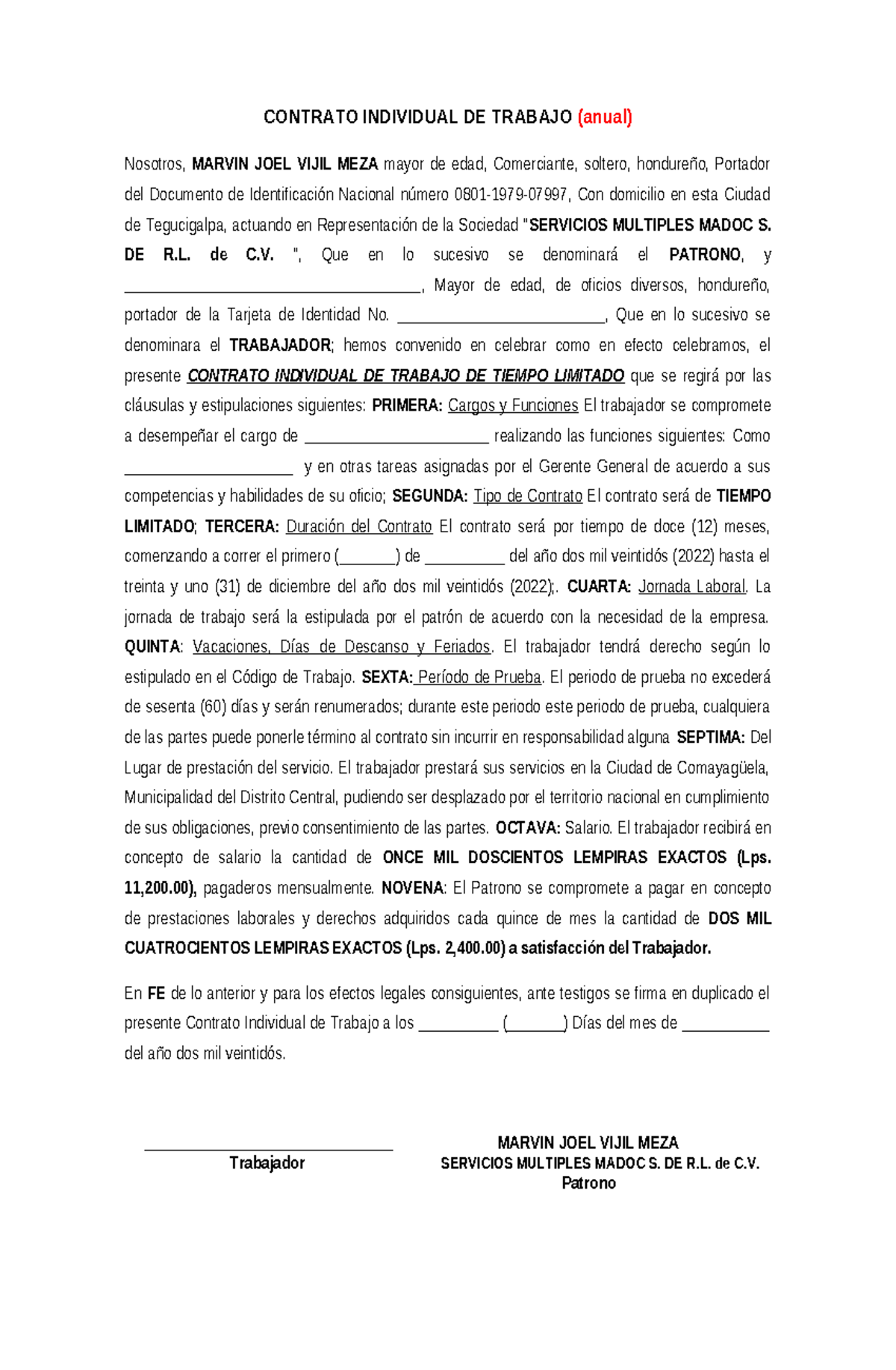 Contrato Individual DE Trabajo Madoc - CONTRATO INDIVIDUAL DE TRABAJO ...