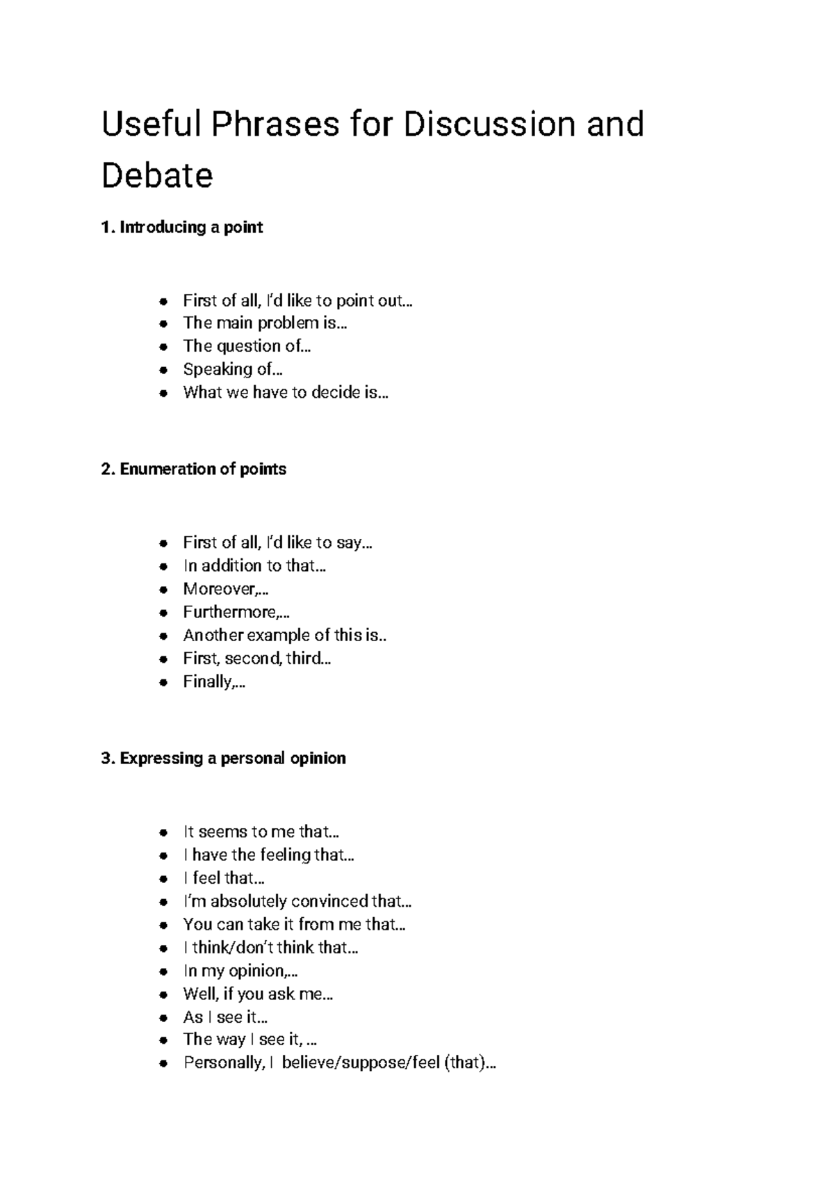 Useful phrases - gvfresbves - Useful Phrases for Discussion and Debate Introducing a point First ...