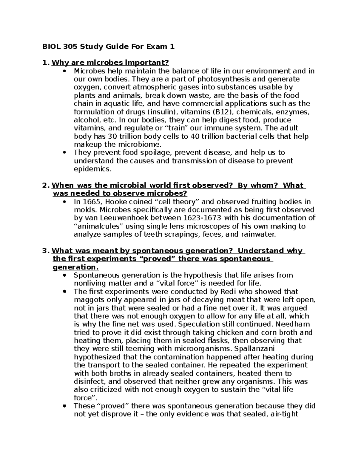BIO 305 Study Guide Ex1 - BIOL 305 Study Guide For Exam 1 1. Why are ...