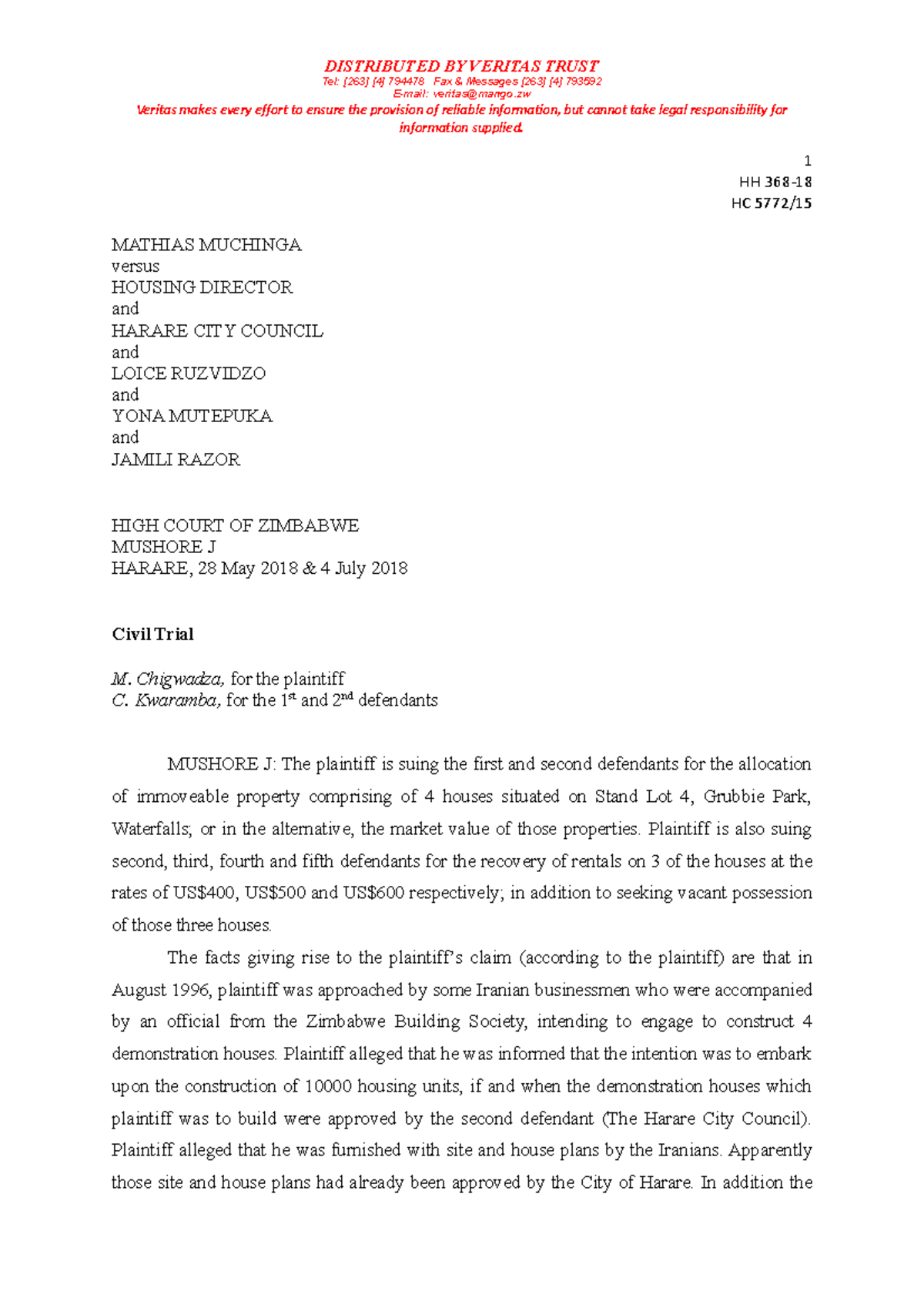 HH 368-18 - case - Tel: [263] [4] 794478 Fax & Messages [263] [4 ...