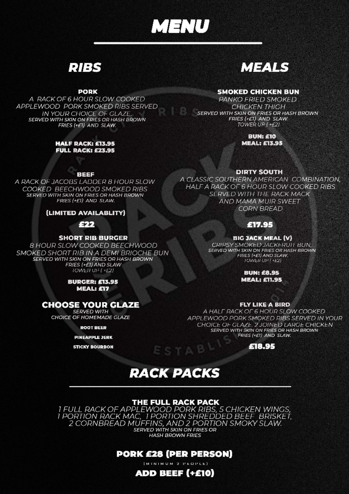 Rack city menu Duke of Highgate - MENU RIBS MEALS PORK SMOKED CHICKEN ...