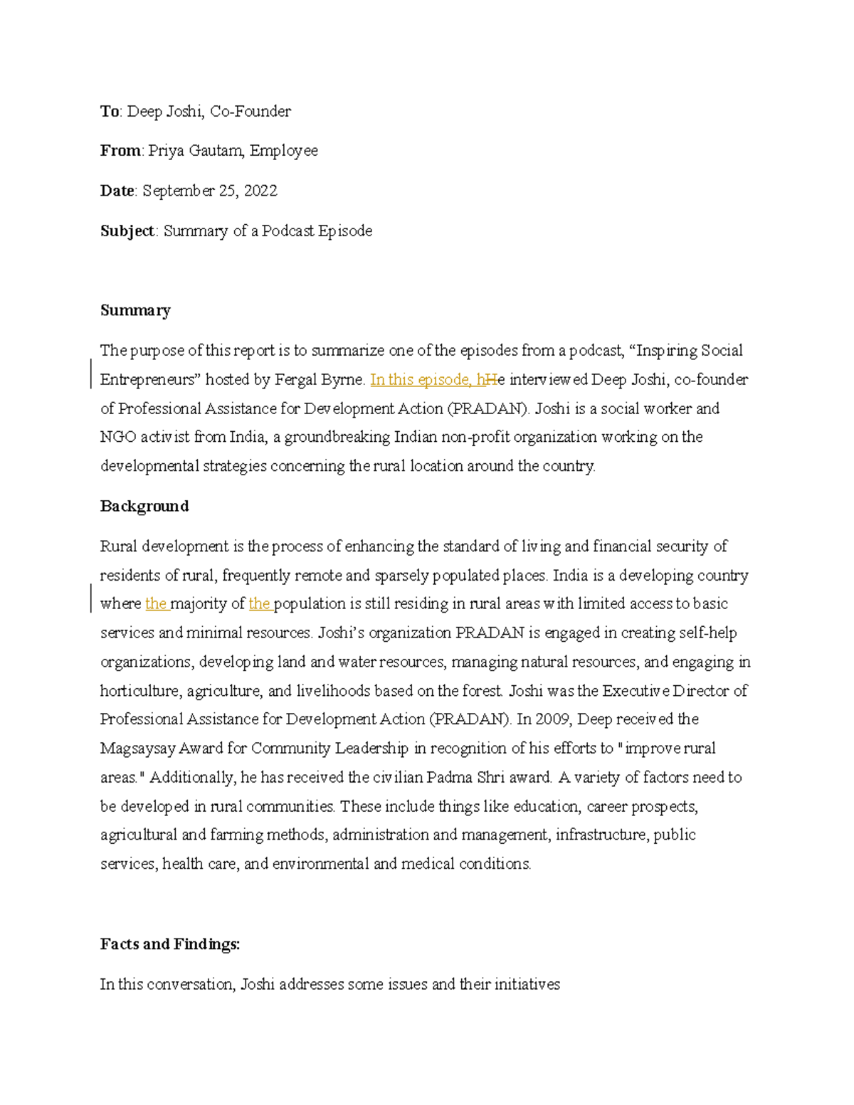 Short Informal Report-ENGL250 - To: Deep Joshi, Co-Founder From: Priya ...