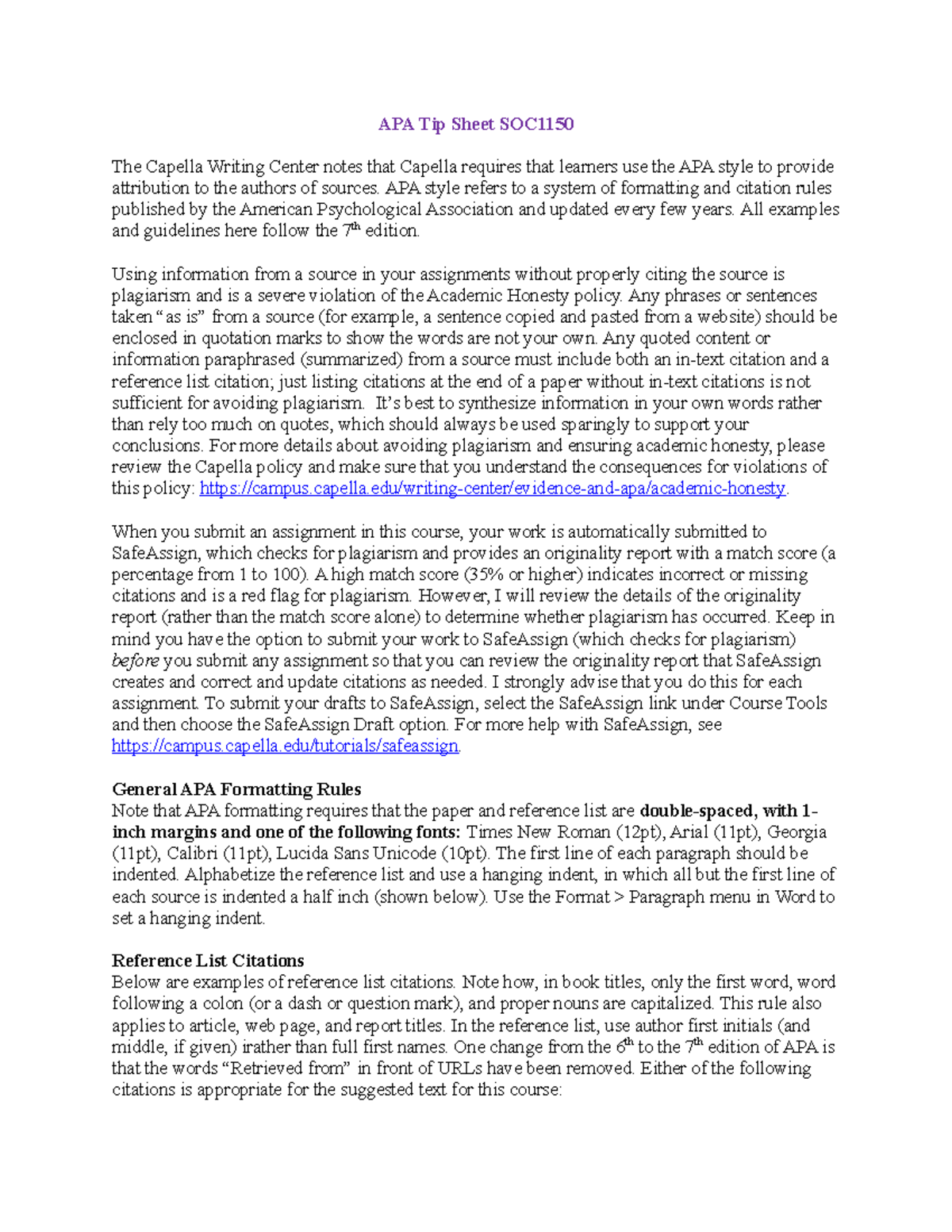 APA Tip Sheet SOC1150 - APA Tip Sheet SOC The Capella Writing Center ...