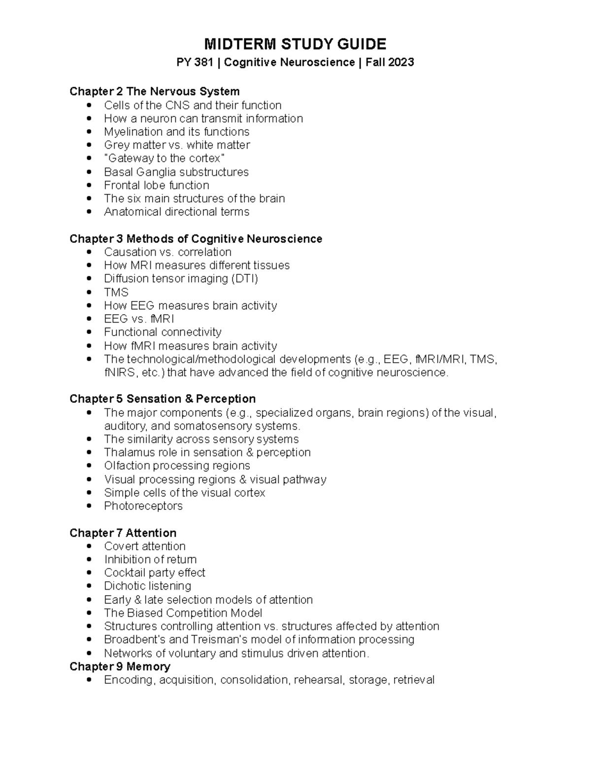 Midterm-Study-Guide PY381 copy - MIDTERM STUDY GUIDE PY 381 | Cognitive Neuroscience | Fall 2023 ...
