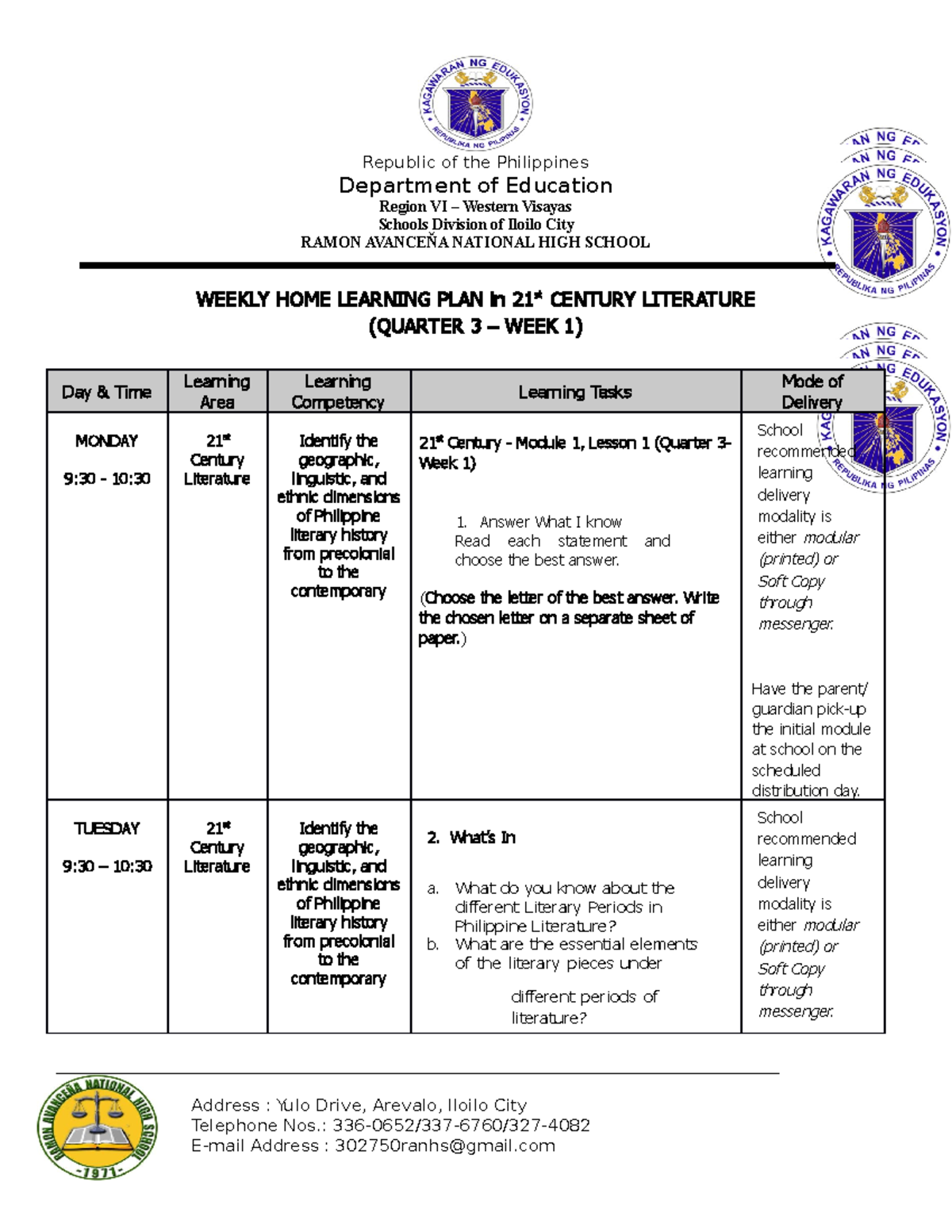 Weekly Home Learning Plan - 21st Century Literature - Department of ...