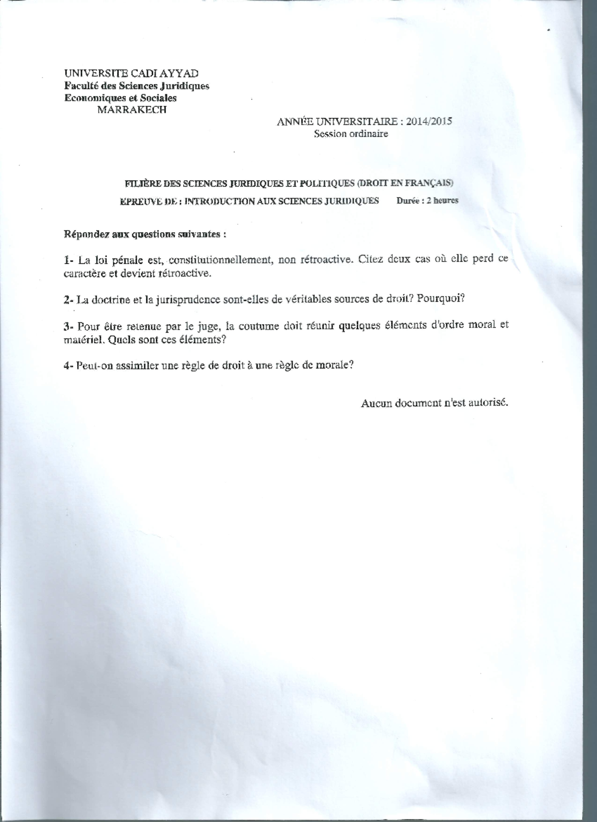 Examen 2015, questions - UNIVERSITE CADI AYYAD des Sciences J uridiques ...