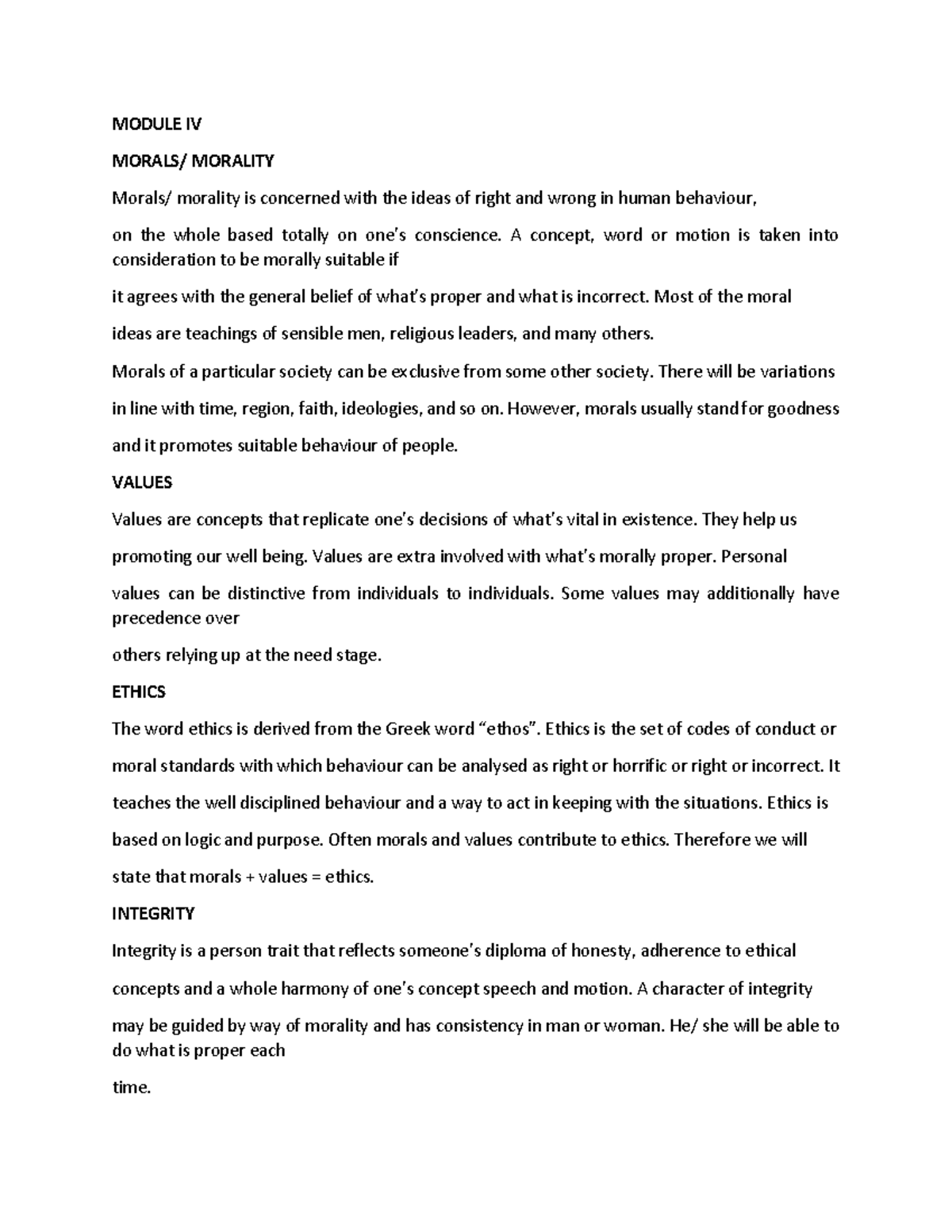 LIFE Skills Module 4 PART 1 - MODULE IV MORALS/ MORALITY Morals ...