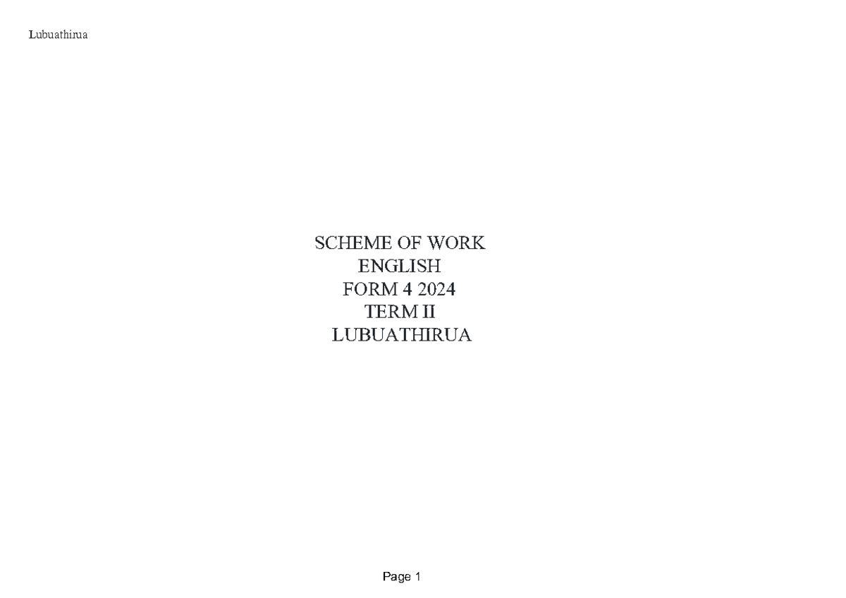 English Form 4 Term-II schemes of work - Lubuathirua SCHEME OF WORK ...