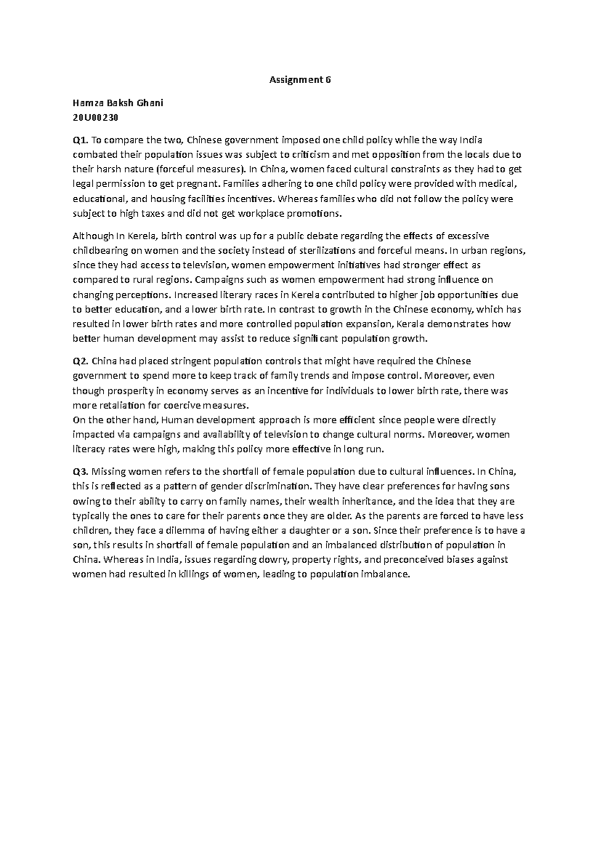 Development Economics Assignment 6 - Assignment 6 Hamza Baksh Ghani 20U Q1. To compare the two ...