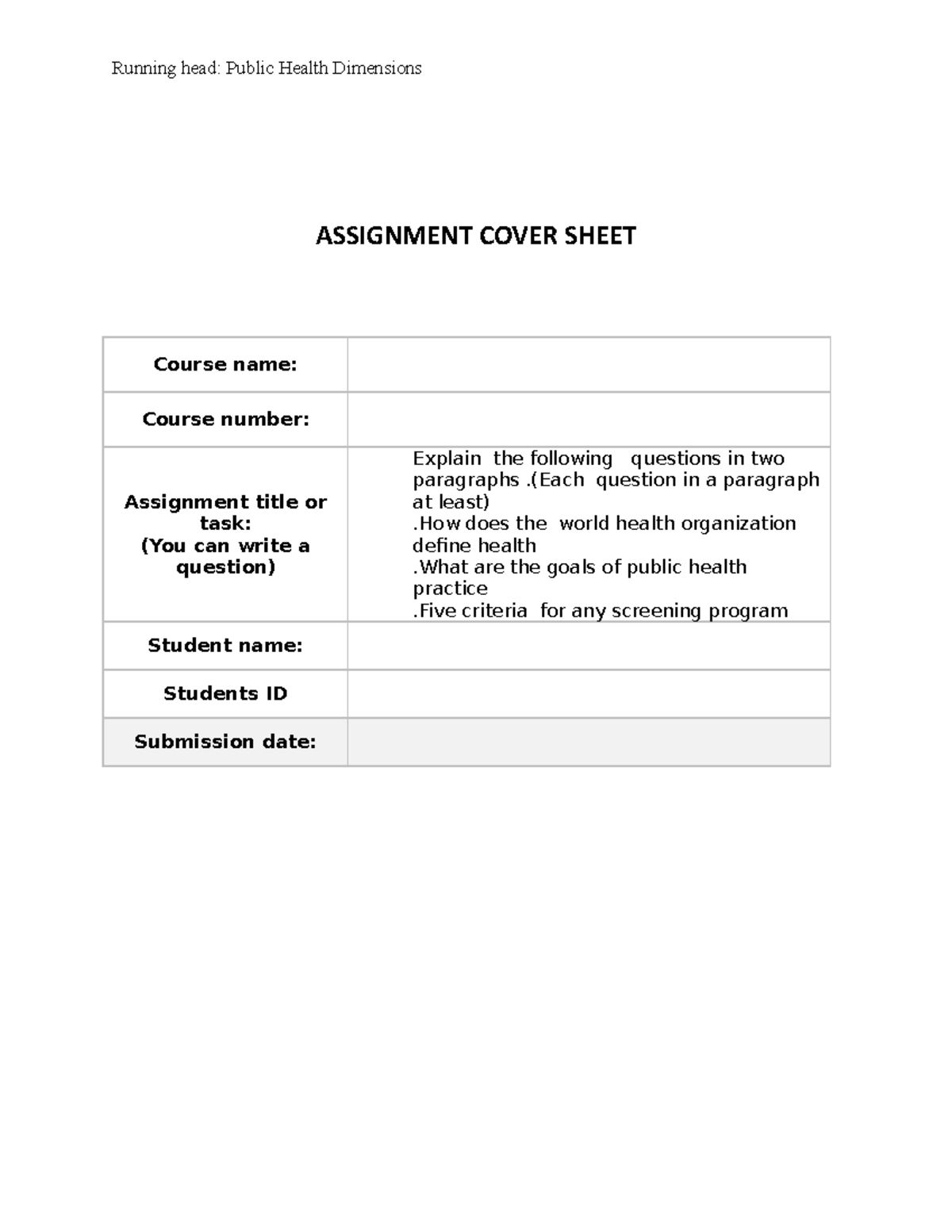 Public Health Dimensions - Running head: Public Health Dimensions ...