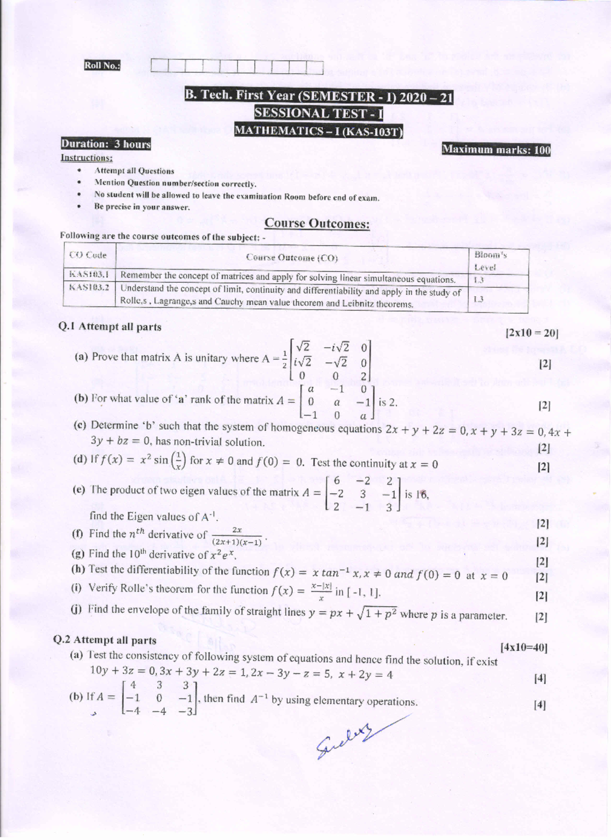 Maths-I ST1 Set1 - Questions for practice - Engineering maths - Studocu