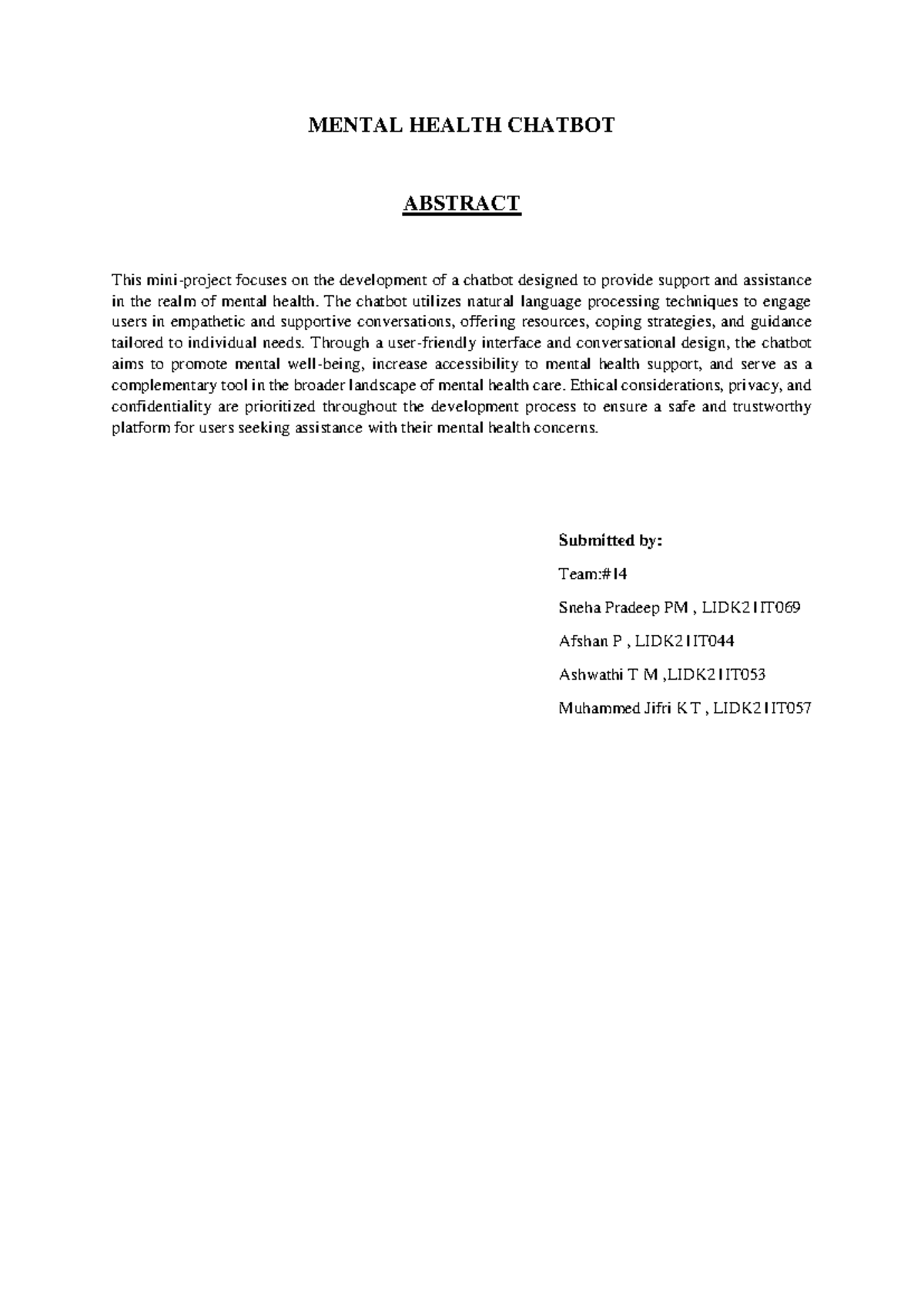 Mental Health Chatbot - MENTAL HEALTH CHATBOT ABSTRACT This mini ...