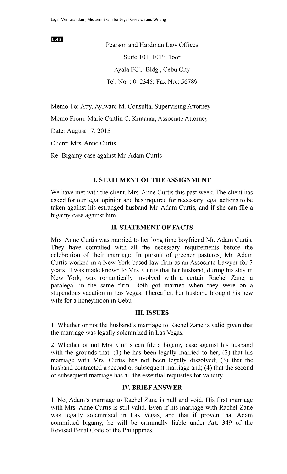 Legal-Memorandum - LEGAL MEMORANDUM - 1 of 5 Pearson and Hardman Law ...