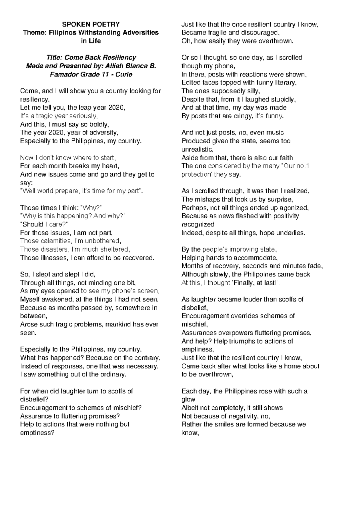 Spoken Poetry-converted - SPOKEN POETRY Theme: Filipinos Withstanding ...