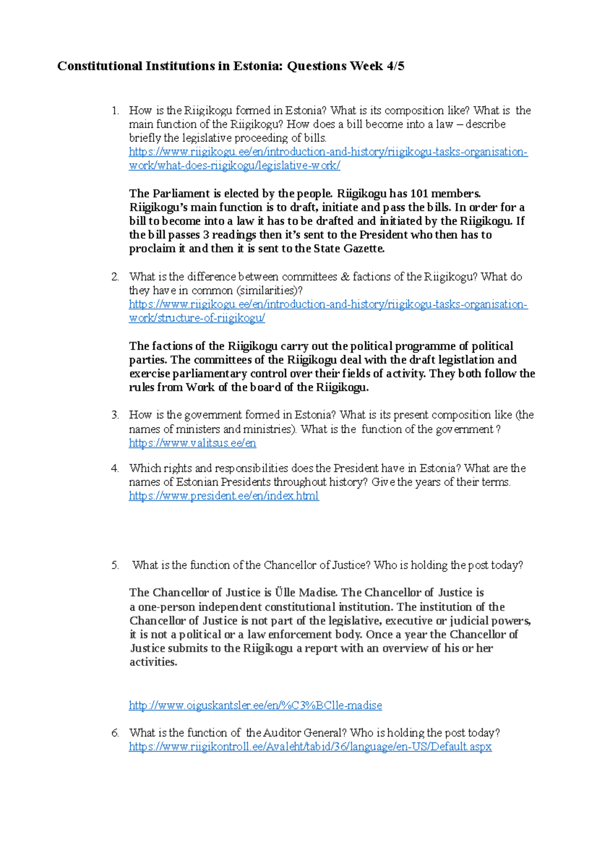 Constitutional Institutions in Estonia - - Studocu