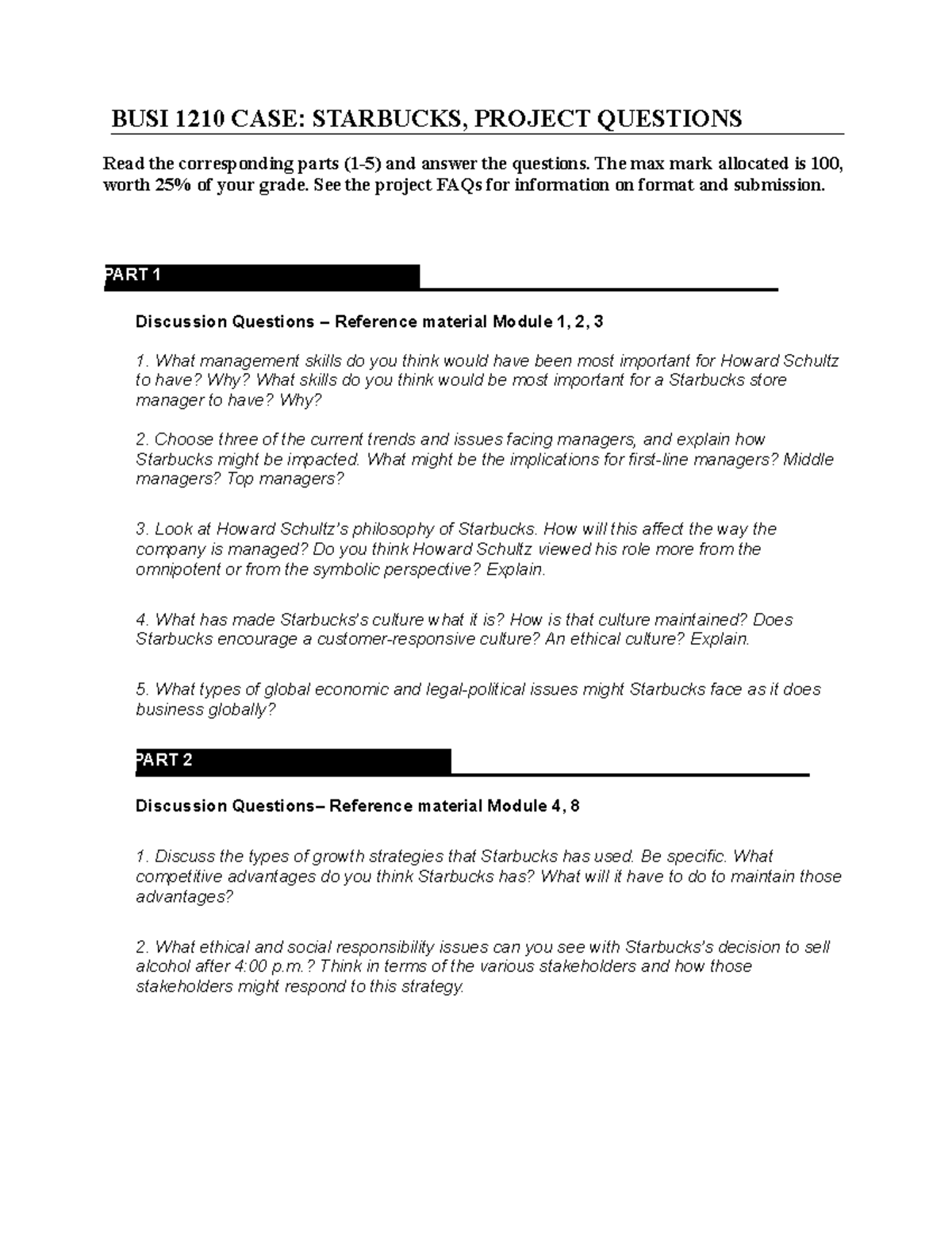 Starbucks Project-Discussion Questions - BUSI 1210 CASE: STARBUCKS ...