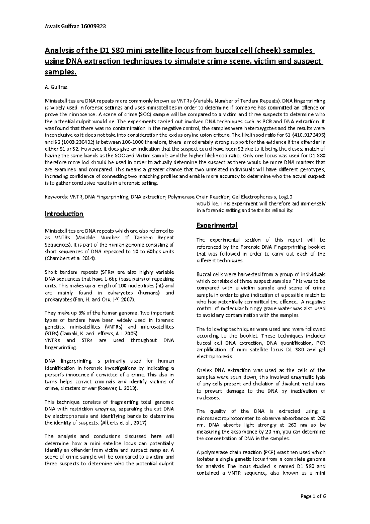 Forensic DNA Fingerprinting Report - Analysis of the D1 S80 mini ...