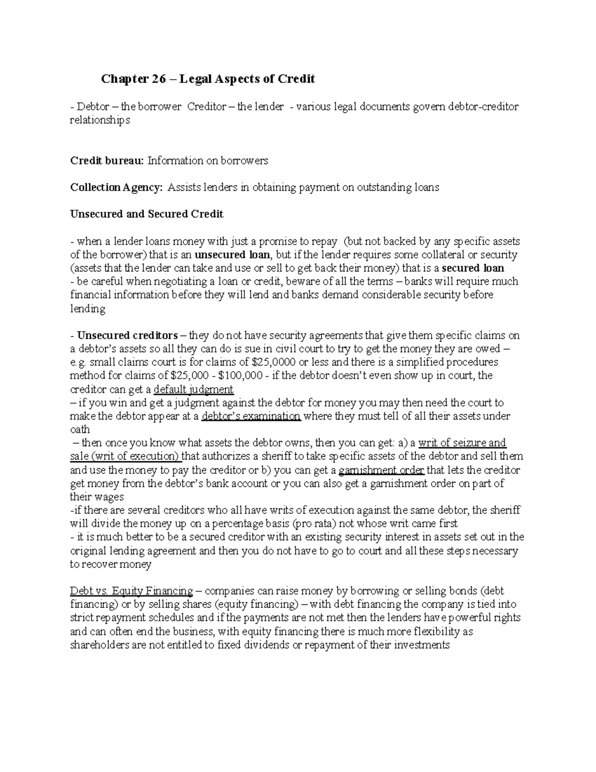 ALW notes - Chapter 26 – Legal Aspects of Credit Debtor – the borrower ...