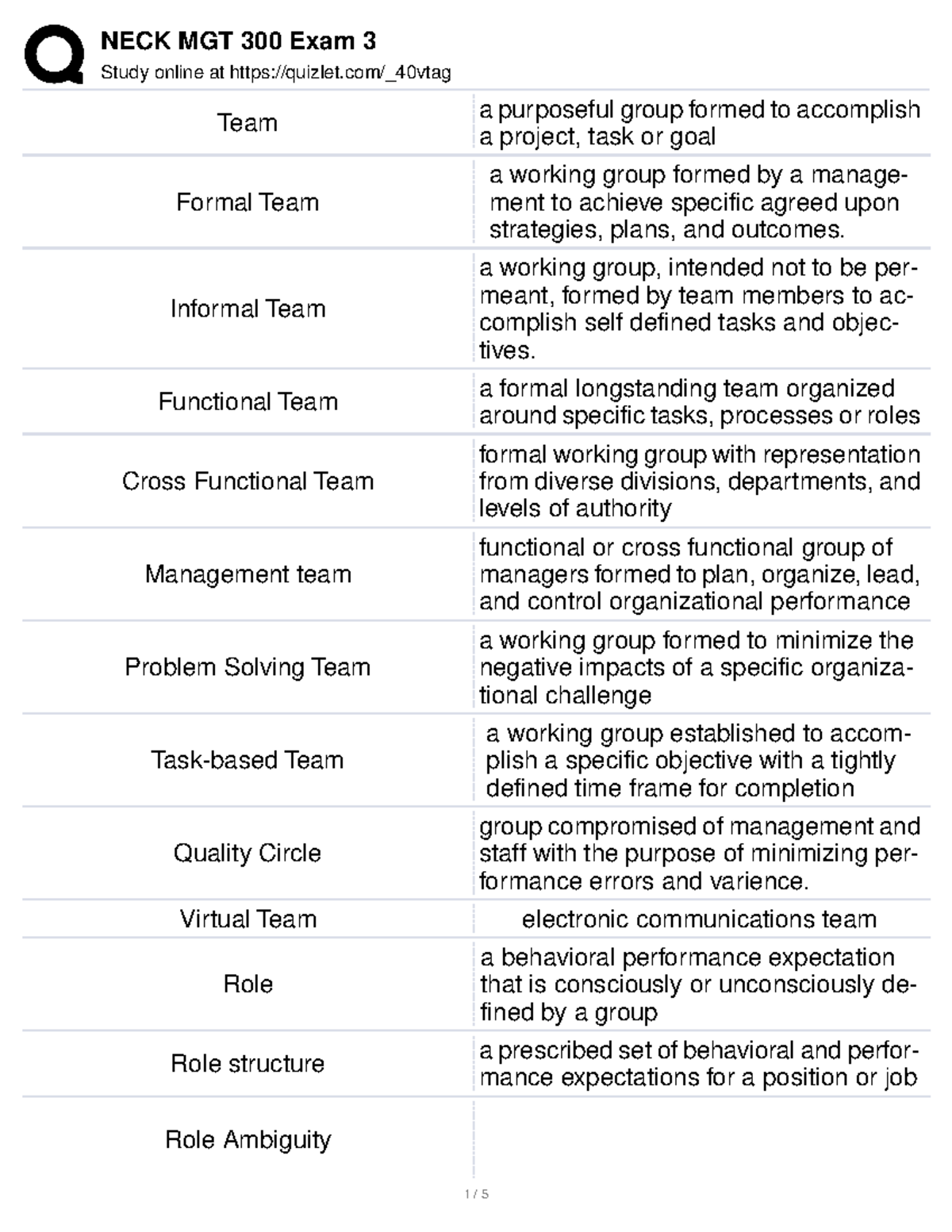 MGT 300 notes - Study online at quizlet/_40vtag Team a purposeful group ...