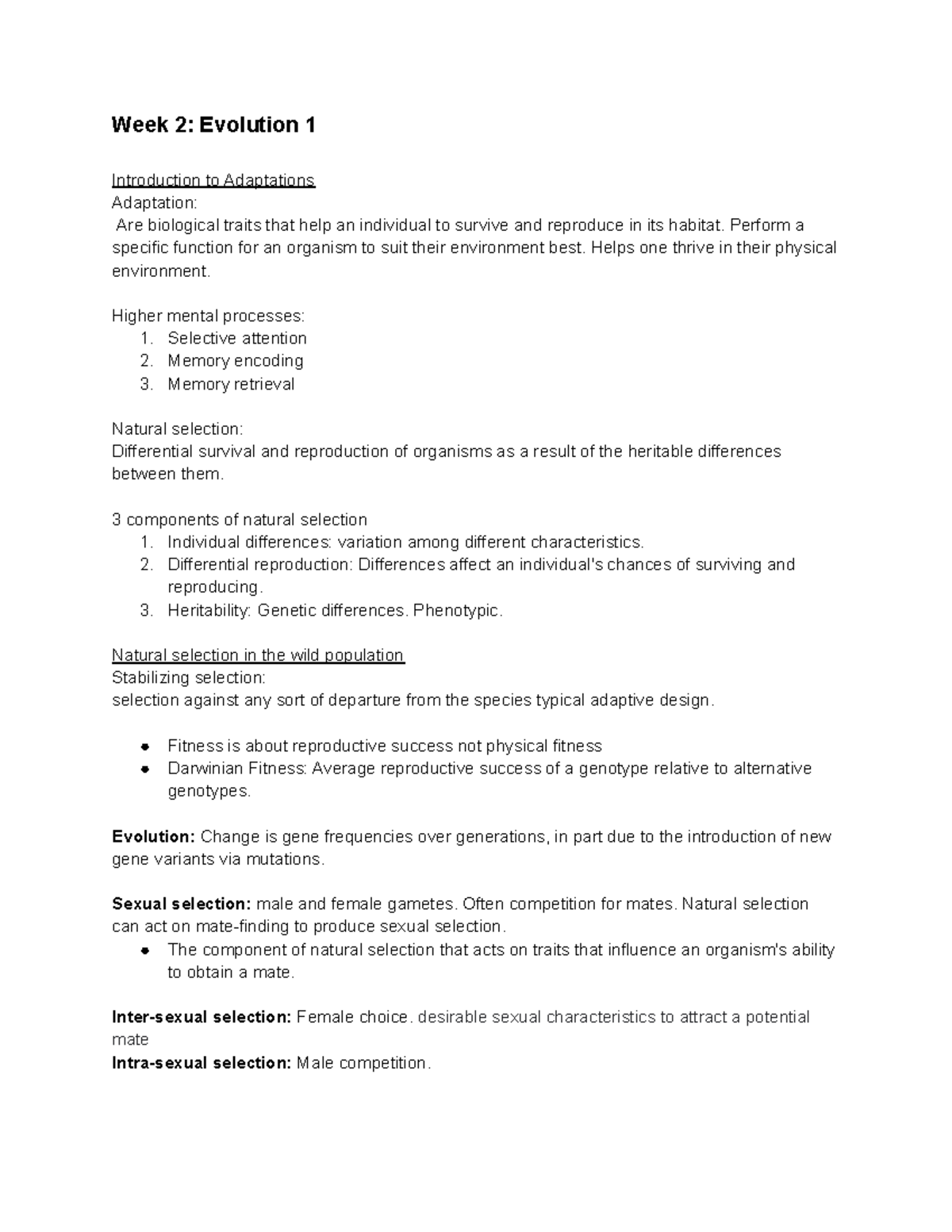 psych 1xx3- Week 2 Evolution 1 - Week 2: Evolution 1 Introduction to Adaptations Adaptation: Are ...