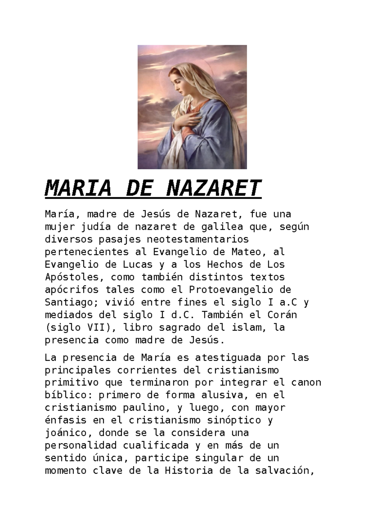 Maria De Nazaret - MARIA DE NAZARET María, madre de Jesús de Nazaret ...