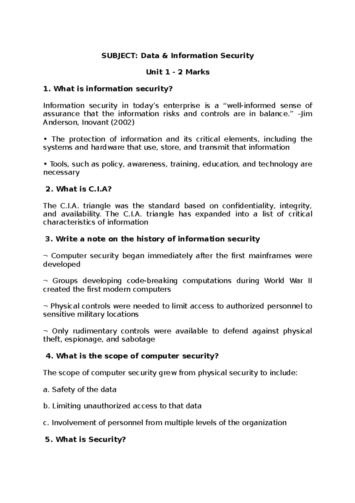Dis Unit 1 2mark - SUBJECT: Data & Information Security Unit 1 - 2 Marks What is information ...
