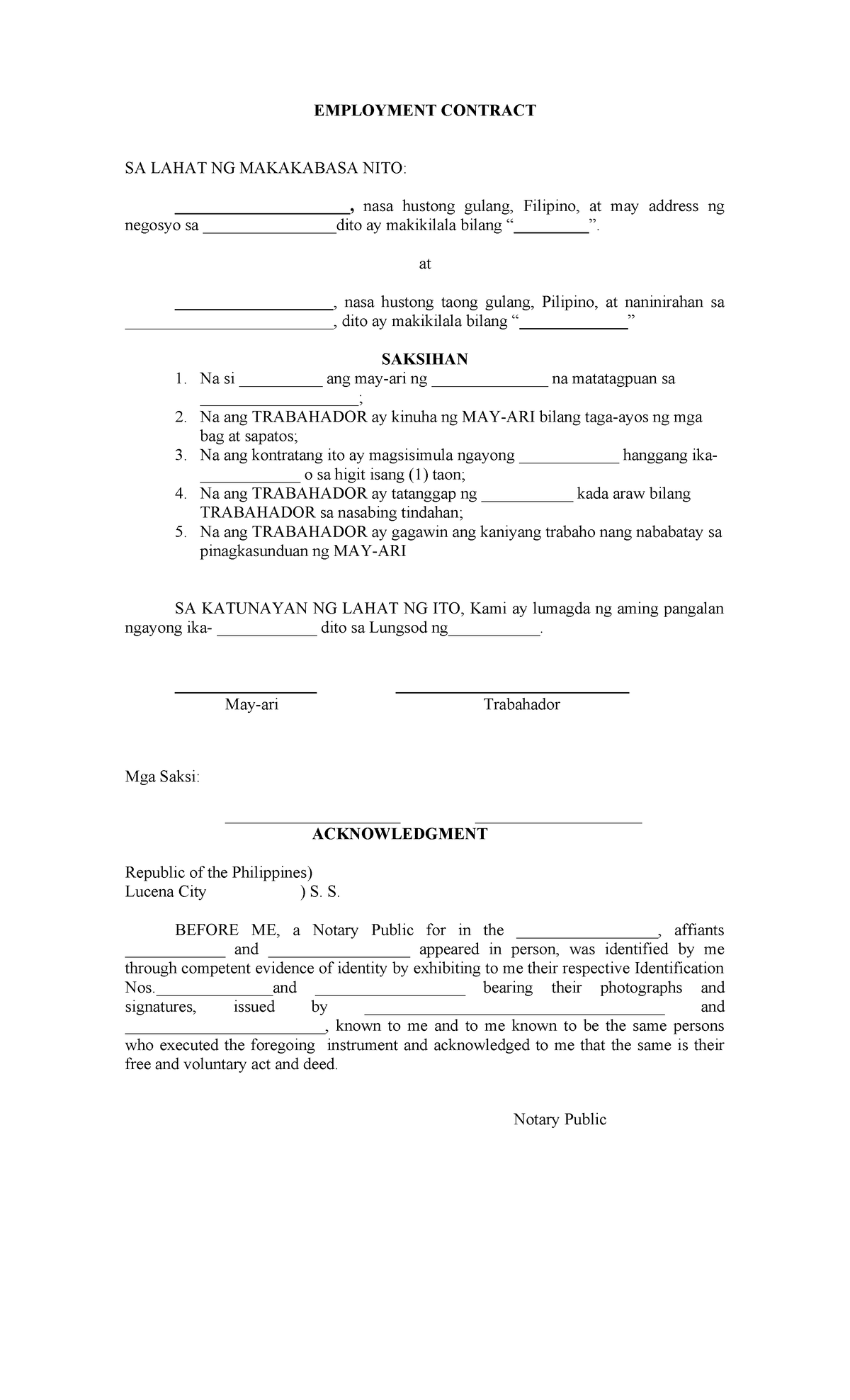 Employment Contract - Notary - EMPLOYMENT CONTRACT SA LAHAT NG ...