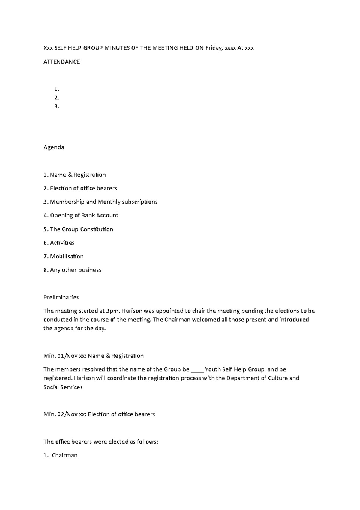 Minutes of group - Xxx SELF HELP GROUP MINUTES OF THE MEETING HELD ON ...
