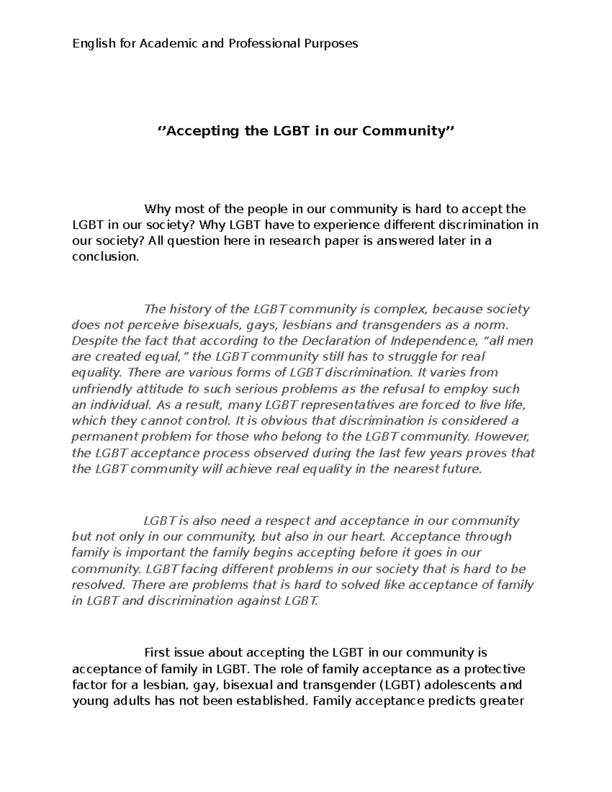 accepting the lgbt in our country - ‘’Accepting the LGBT in our ...