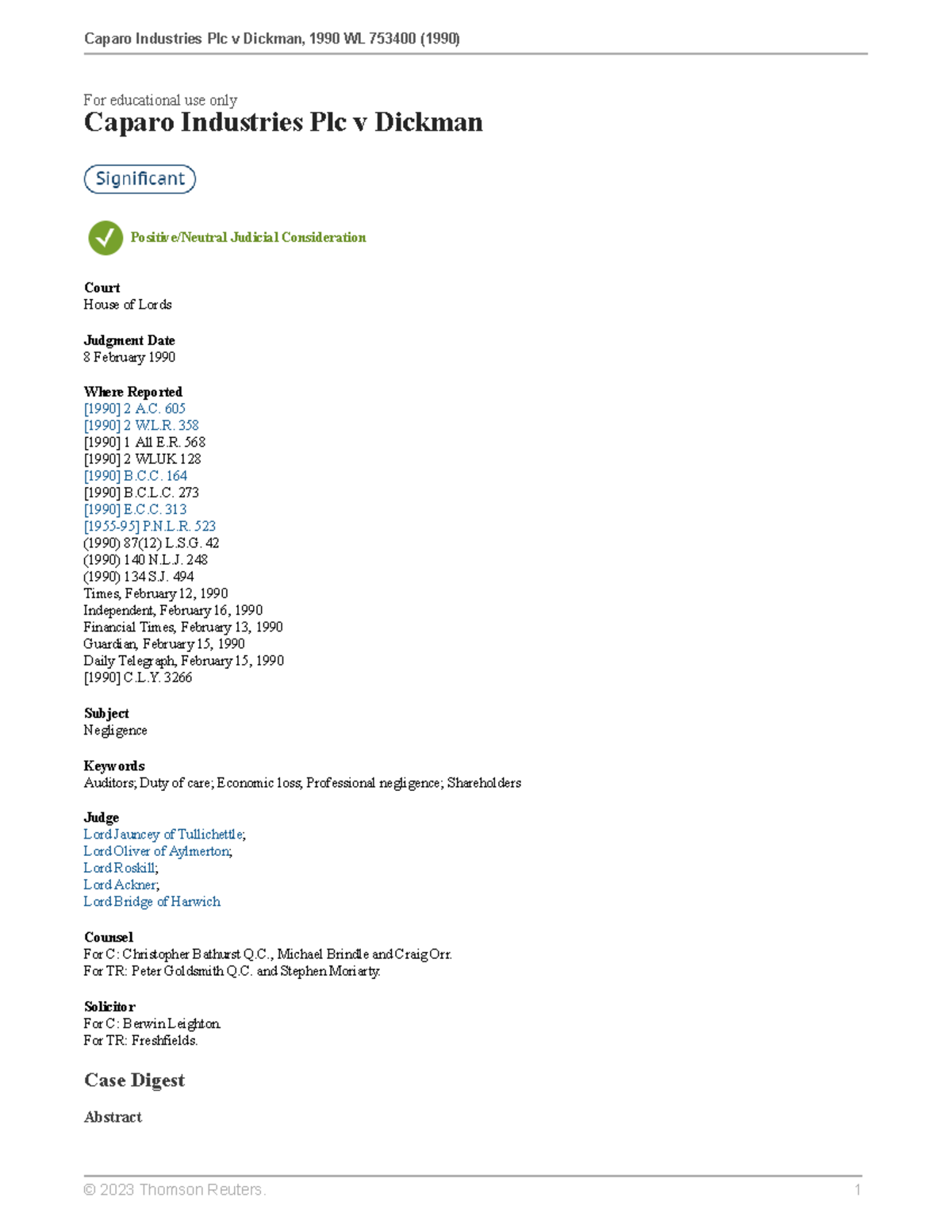 Caparo Industries Plc v Dickman - 1 For educational use only Caparo ...